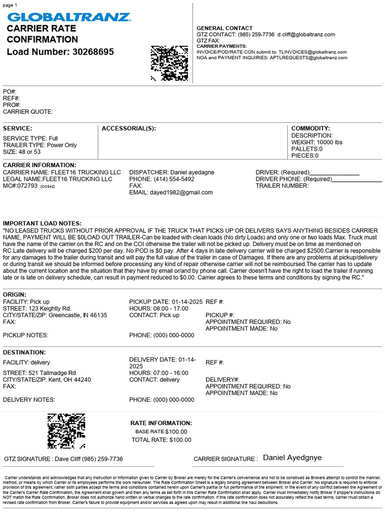 Rate Confirmation 30268695 | PDF