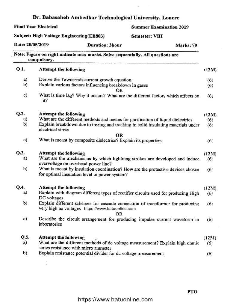 Btech Ee 8 Sem High Voltage Engineering Ee803 May 2019 | PDF