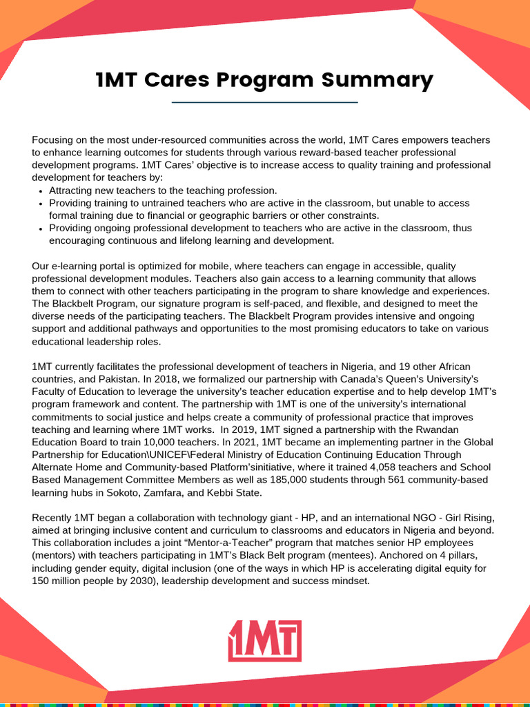 1MT Cares Program Summary | PDF | Teachers | Mentorship