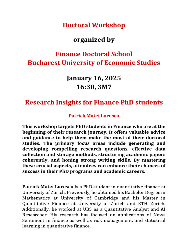 Finance Doctoral School - Doctoral Workshop | PDF
