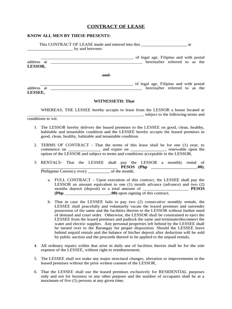 Contract of Lease Blank | PDF | Lease | Common Law