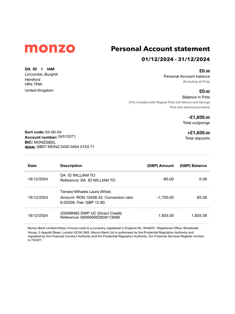 Monzo Bank Statement 97675546465 | PDF | Deposit Account | Banking