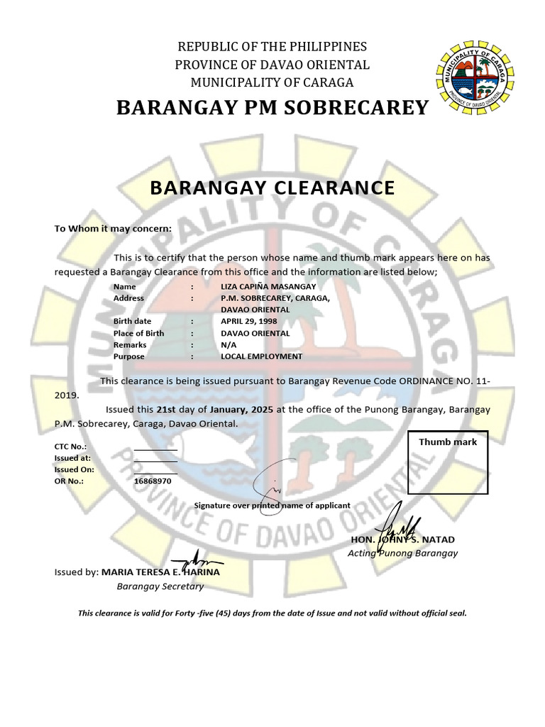 Barangay Clearance - 20250122 - 172358 - 0000 | PDF