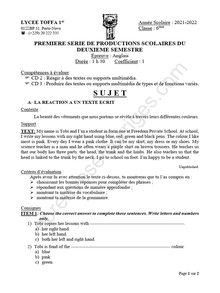 1ER DEVOIR DU 2ÈME SEMESTRE ANGLAIS 6ÈME 2021-2022 LYCEE TOFFA 1ER | PDF | Clothing