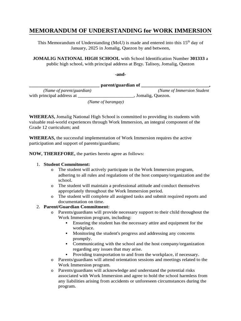 Work Immersion MoU for Jomalig High School | PDF