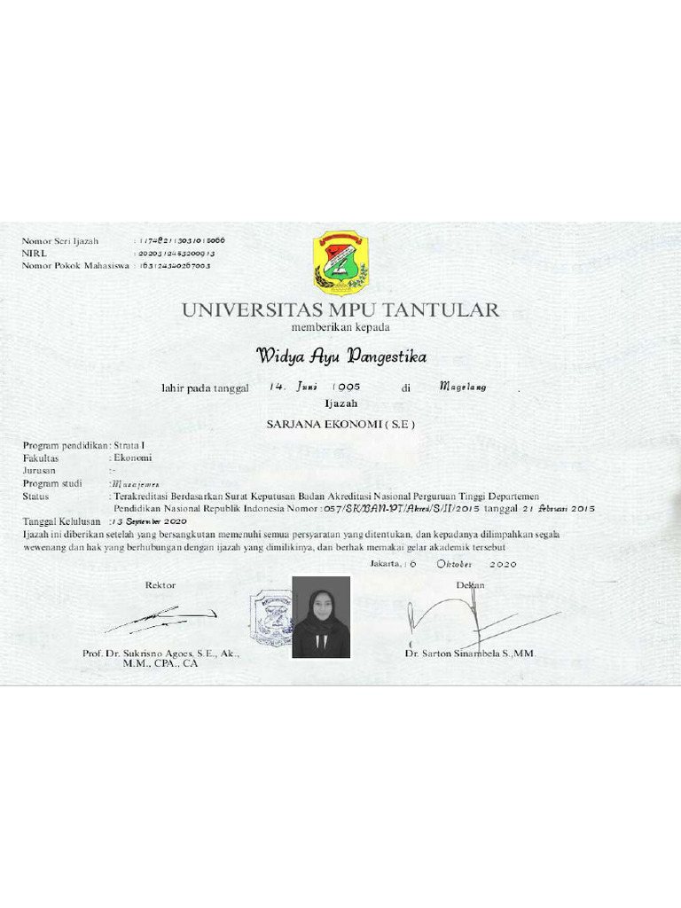 Ijazah Transkrip Widya | PDF