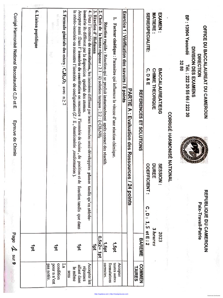 Corrigé Harmonisé Bac 2023 Chimie Theorique Serie C-D-E Cameroun | PDF