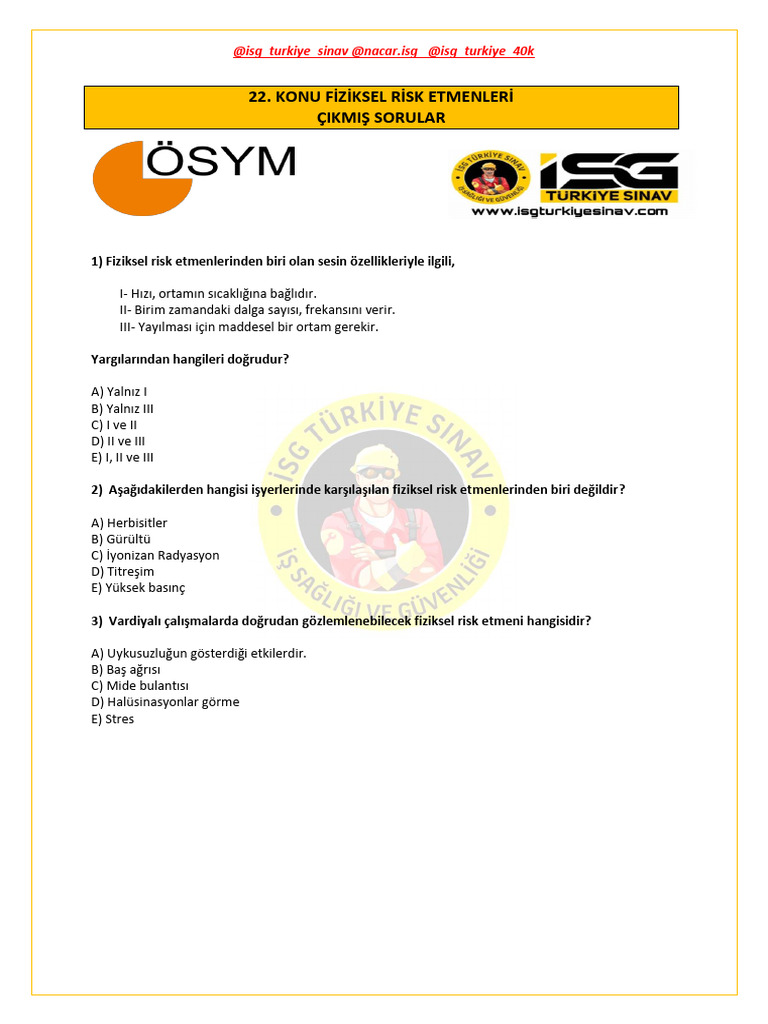 Konu Cikmis Sorular Fiziksel Risk Etmenleri @isg Turkiye Sinav | PDF