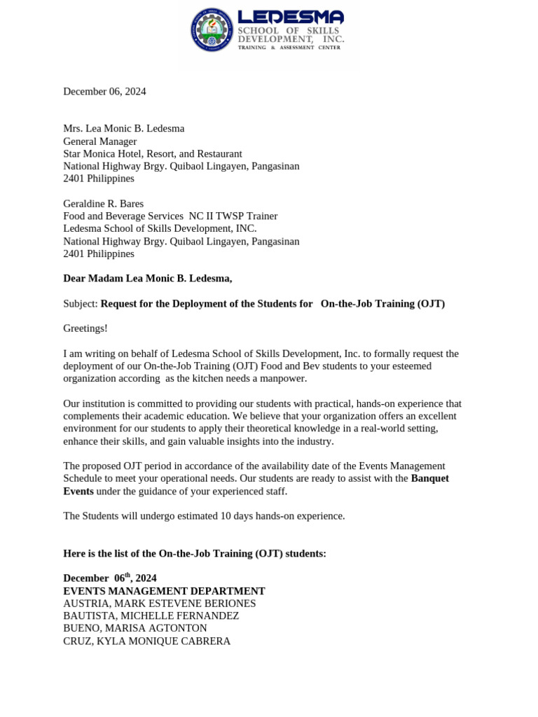 OJT Letter Food and Bev | PDF