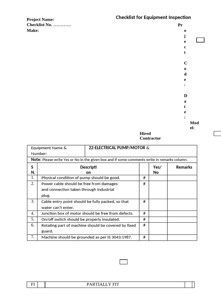 Checklist For Equipment Inspection Electrical Pump Motor (AD-Internal ...