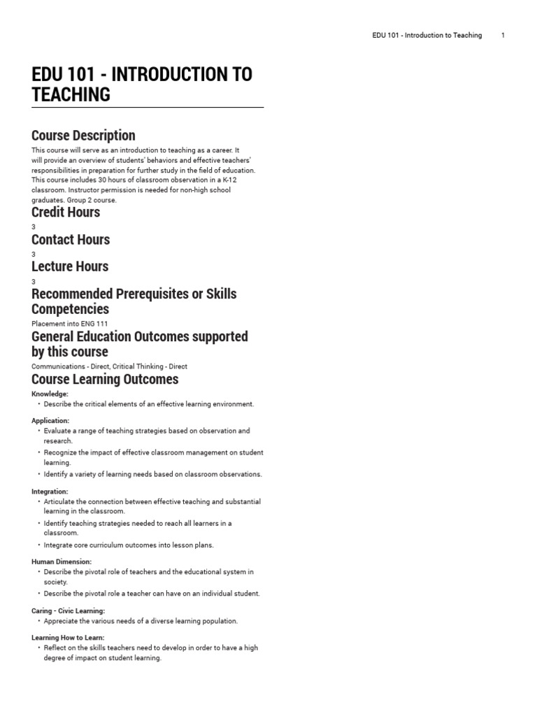 Introduction to Teaching Course Overview | PDF
