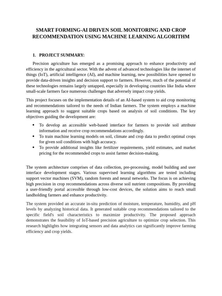 Ai Driven Soil Monitoring and Crop Recommendation Using Machine Learning Algorithm | PDF ...