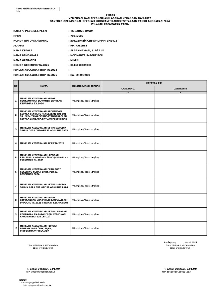 Form - Verifikasi - PAUD-Kesetaraan - LK-1.b - DARAIL UMAM | PDF