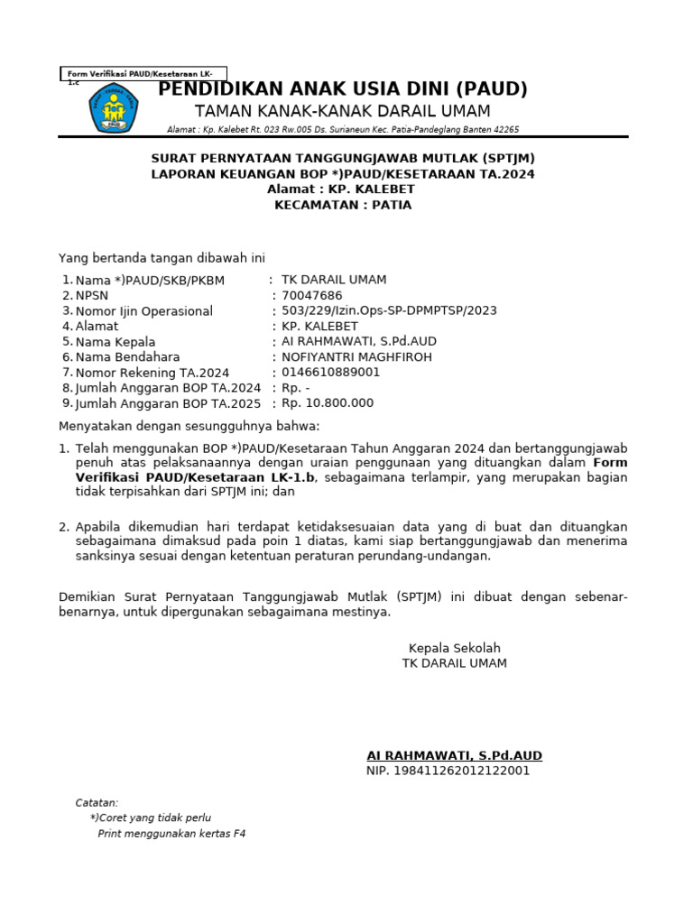 Form - Verifikasi - PAUD-Kesetaraan - LK-1.c - DARAIL UMAM | PDF