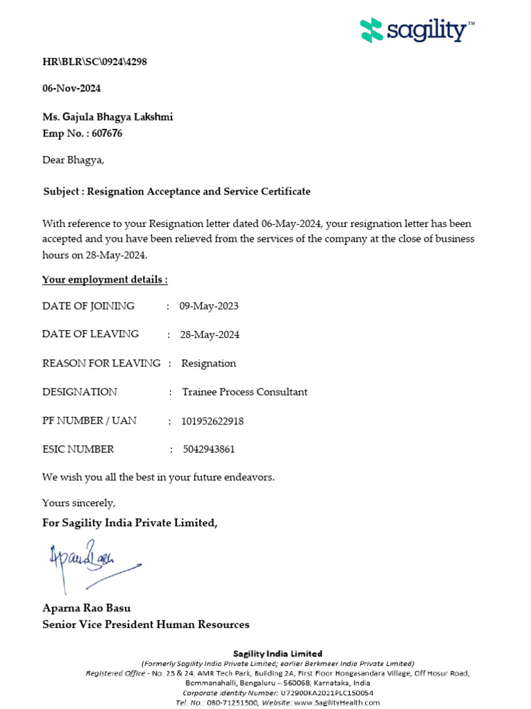 Resignation Acceptance and Service Certificate | PDF