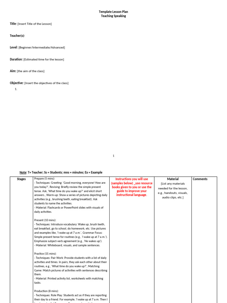 Speaking Lesson Plan: Daily Routines | PDF | Educational Assessment ...