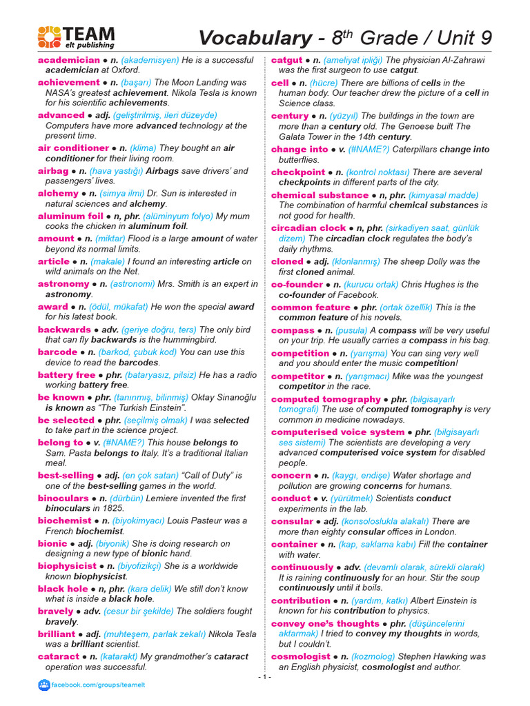 8CLASS Vocabulary List Unit9 | PDF