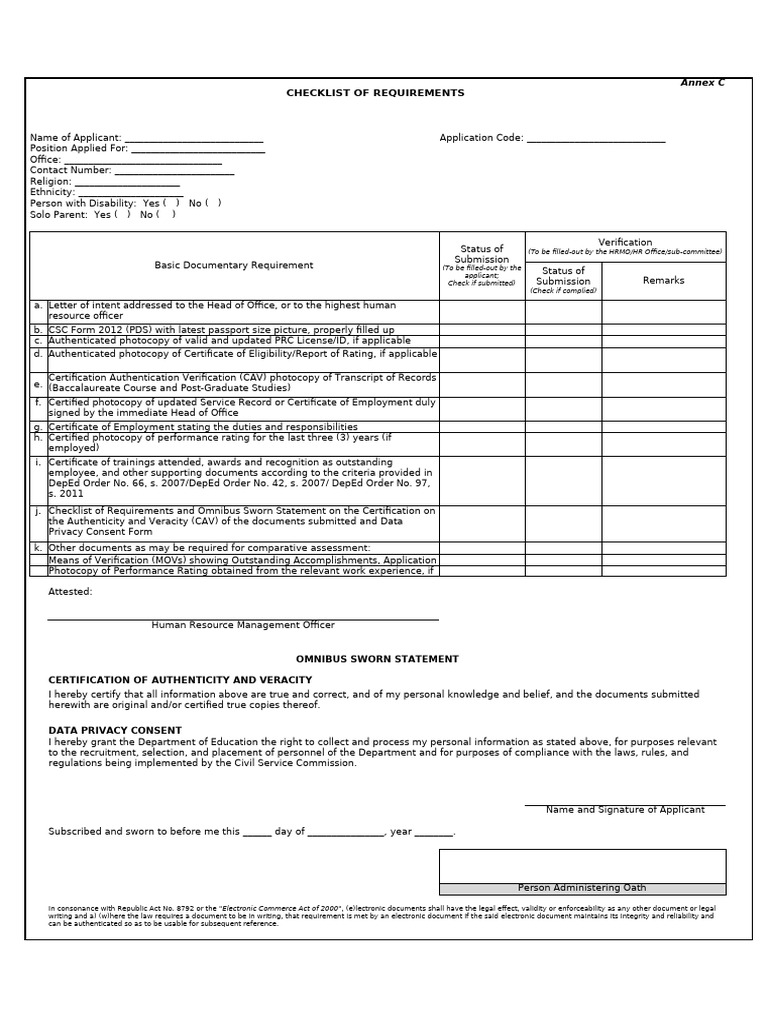 Applicant Requirements Checklist Form | PDF