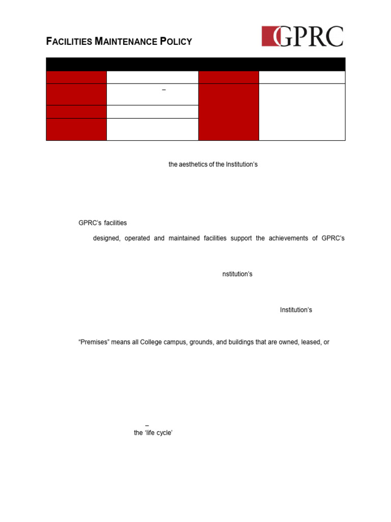 GPRC Facilities Maintenance Policy | PDF | Policy