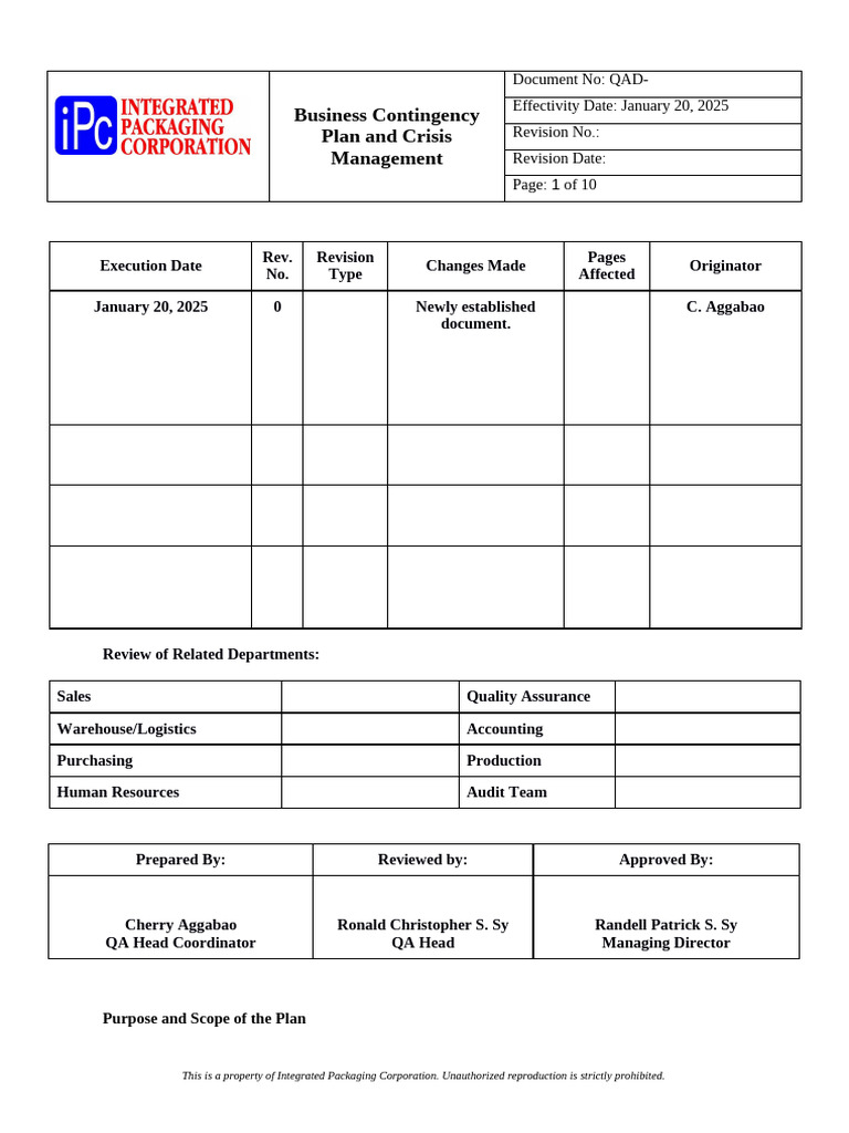 Business Contingency Plan and Crisis Management | PDF | Crisis ...