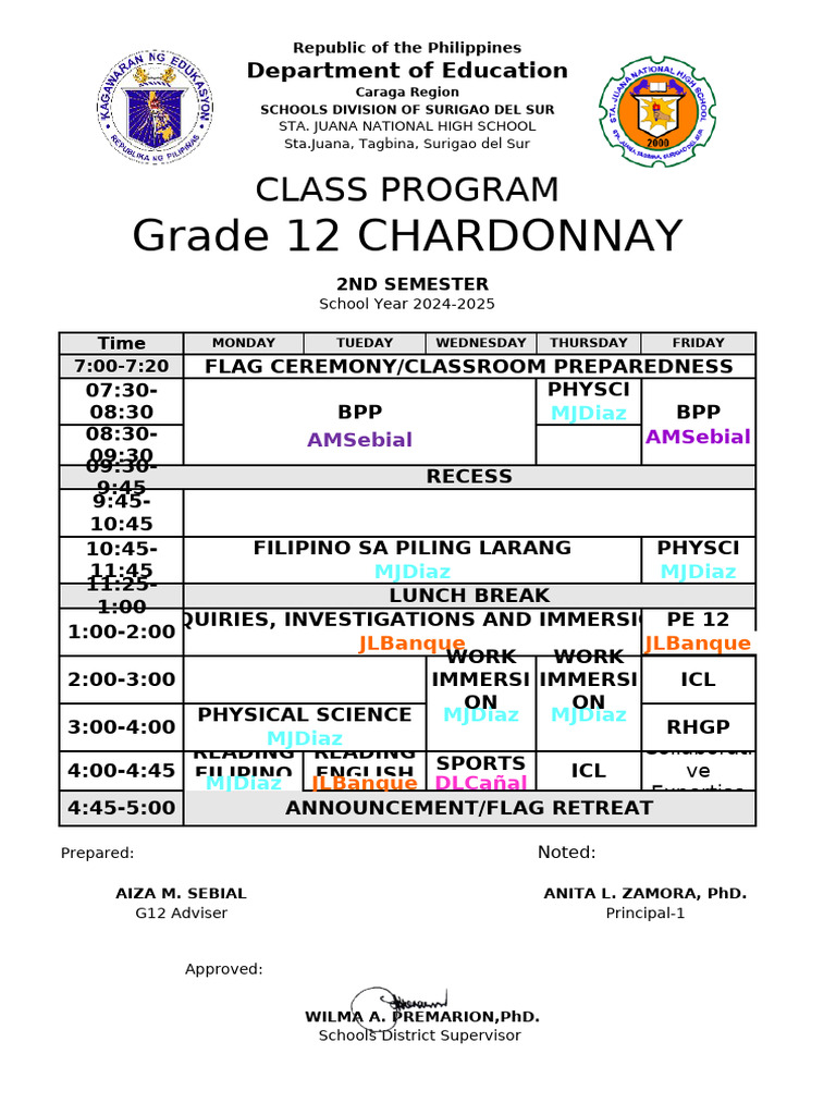 Grade 12 Chardonnay Class Schedule 2024-2025 | PDF | Educational ...
