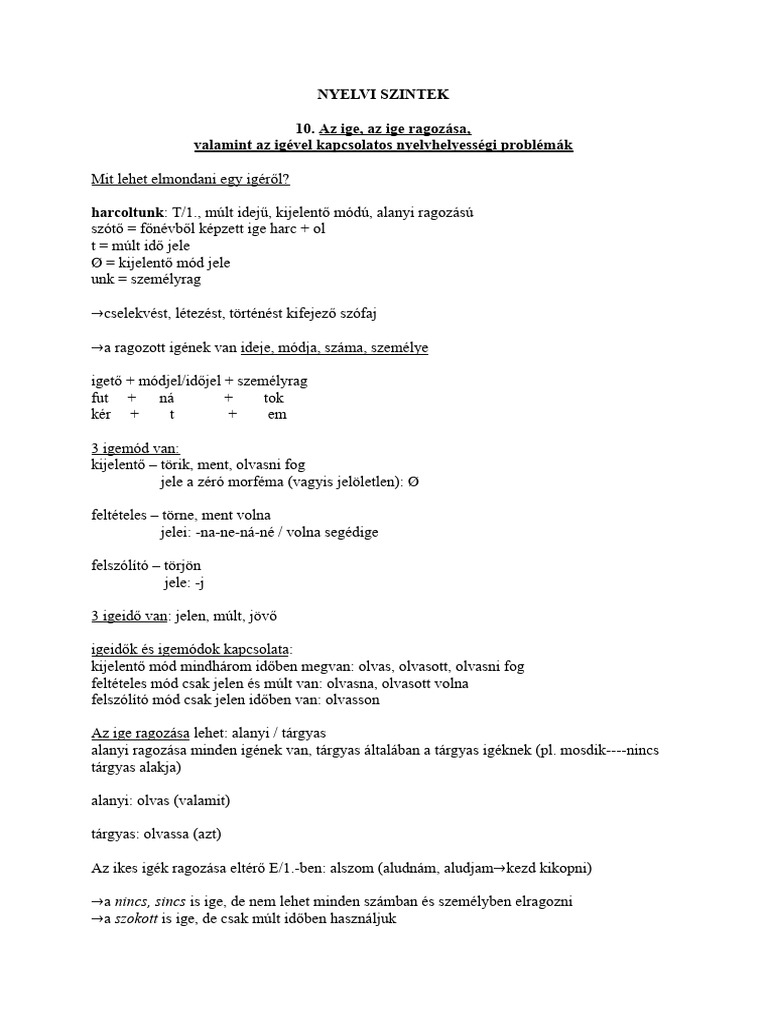 10. Nyelvi szintek. Az ige | PDF