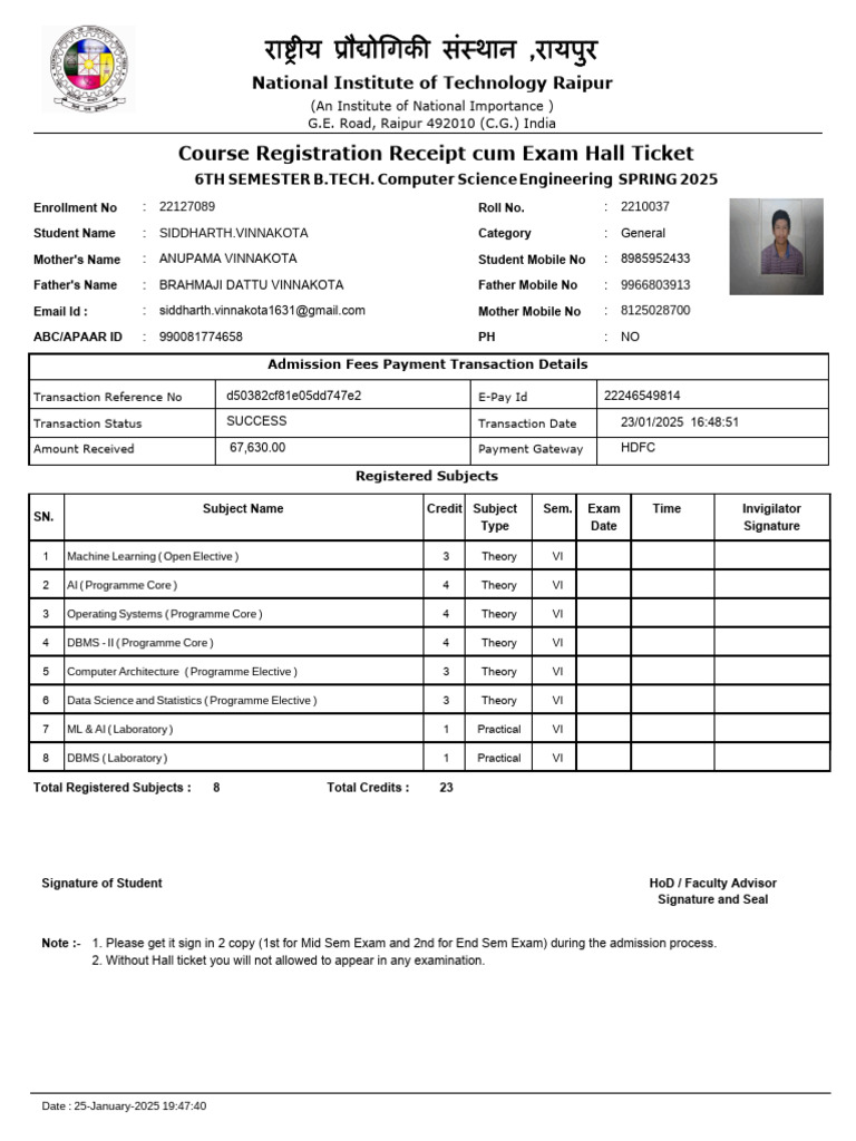 Fee Paid Reciept 6th Sem | PDF