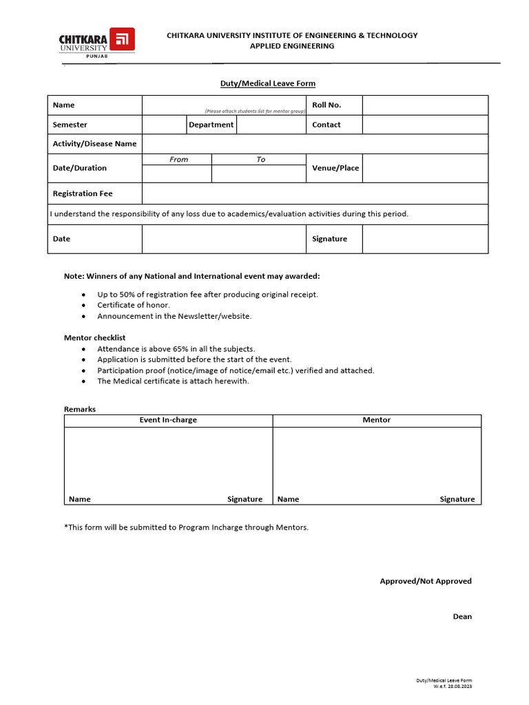 Chitkara University Duty/Medical Leave Form | PDF