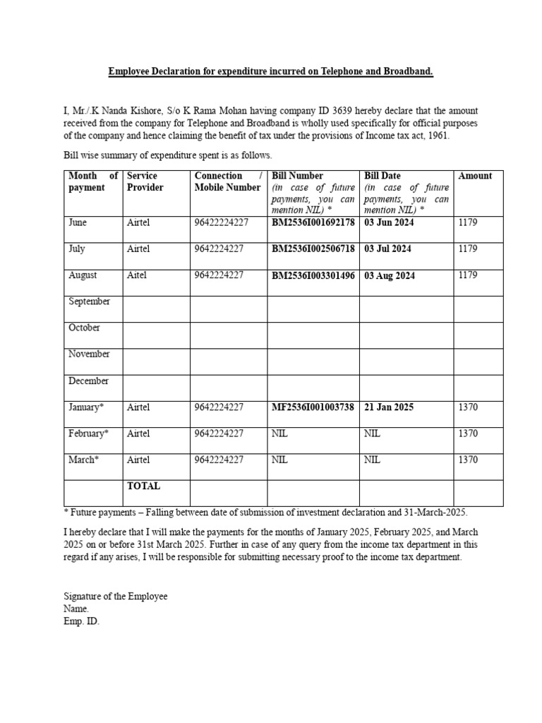 Telephone and Broad Band - Summary and Future Payment Declaration | PDF