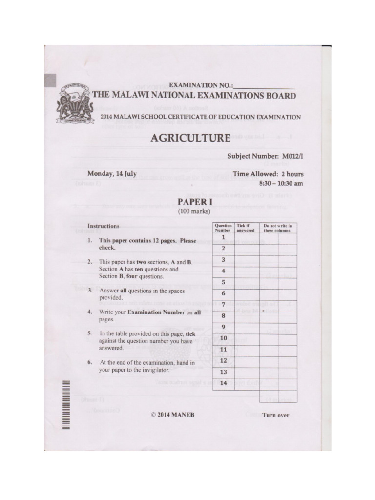 2014 Agriculture Paper 1 Maneb | PDF