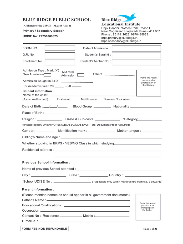 Form BRPS Admission Form 2023 24 | PDF