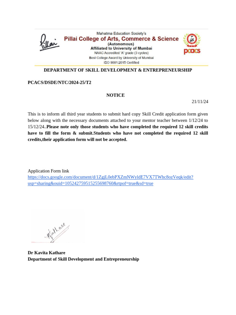 Third Year Skill Credit Submission Notice | PDF