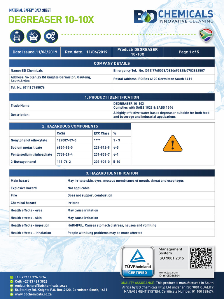 MSDS for Degreaser 10-10X | PDF | Chemical Substances | Chemistry