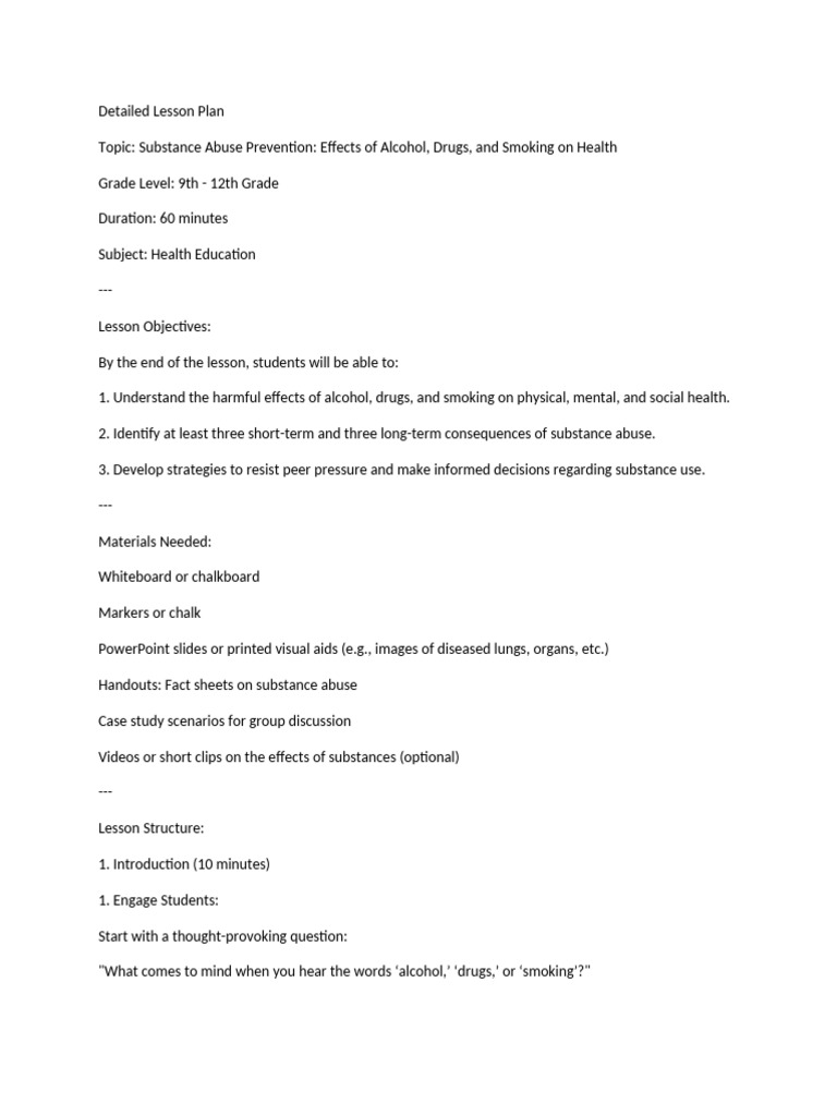 Substance Abuse Prevention Lesson Plan | PDF | Substance Abuse | Smoking