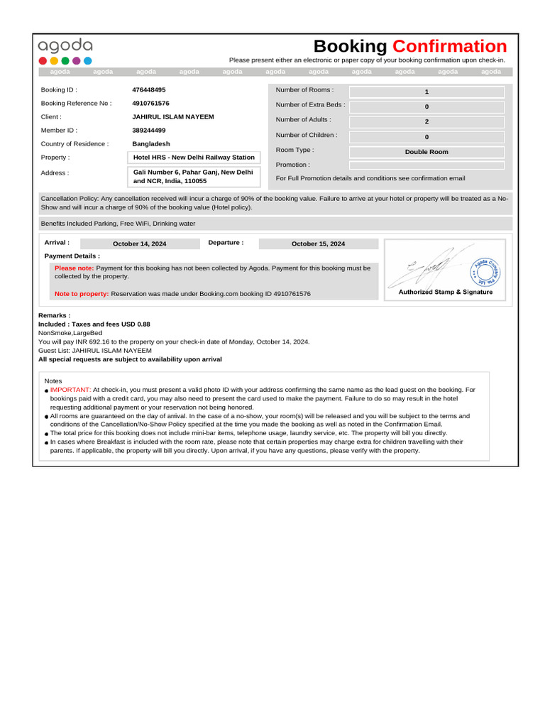 Confirmation For Booking ID # 476448495 | PDF | Payments | Credit Card