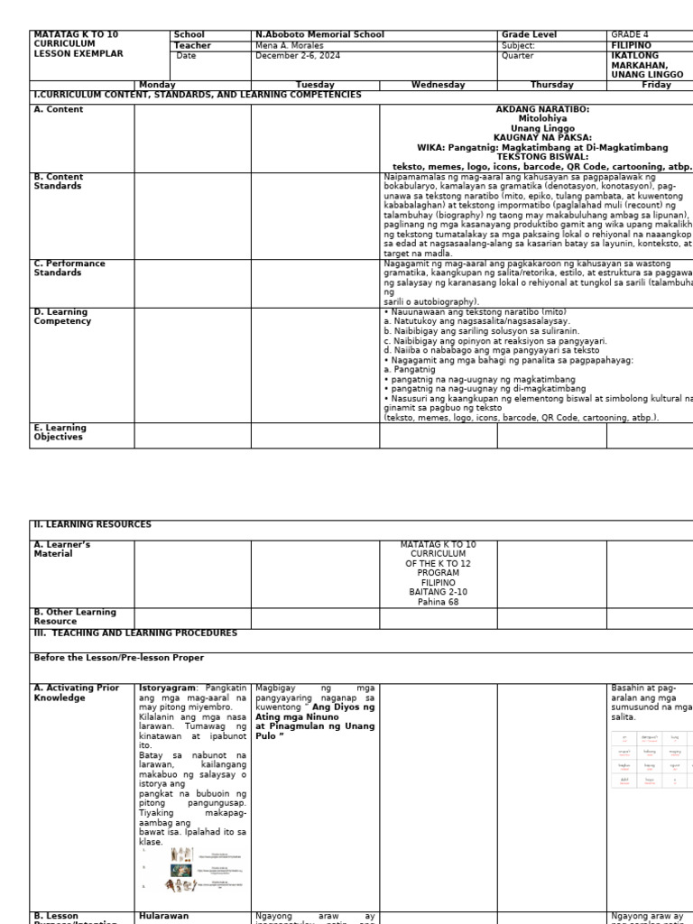 Grade 4-q3w1(Matatag Dll)- Filipino | PDF