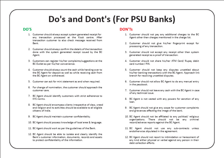 Do's and Don'ts for PSU Bank Customers | PDF | Banks | Money