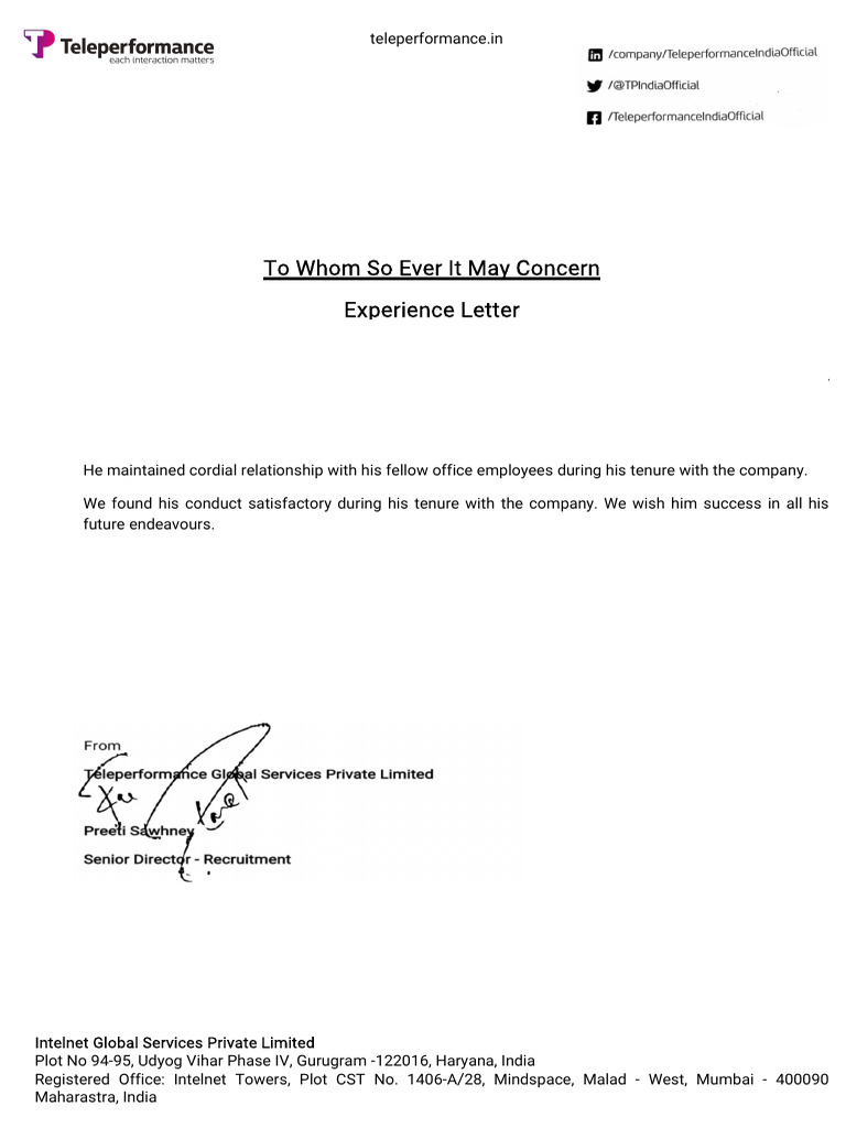 Teleperformance Experience Letter | PDF