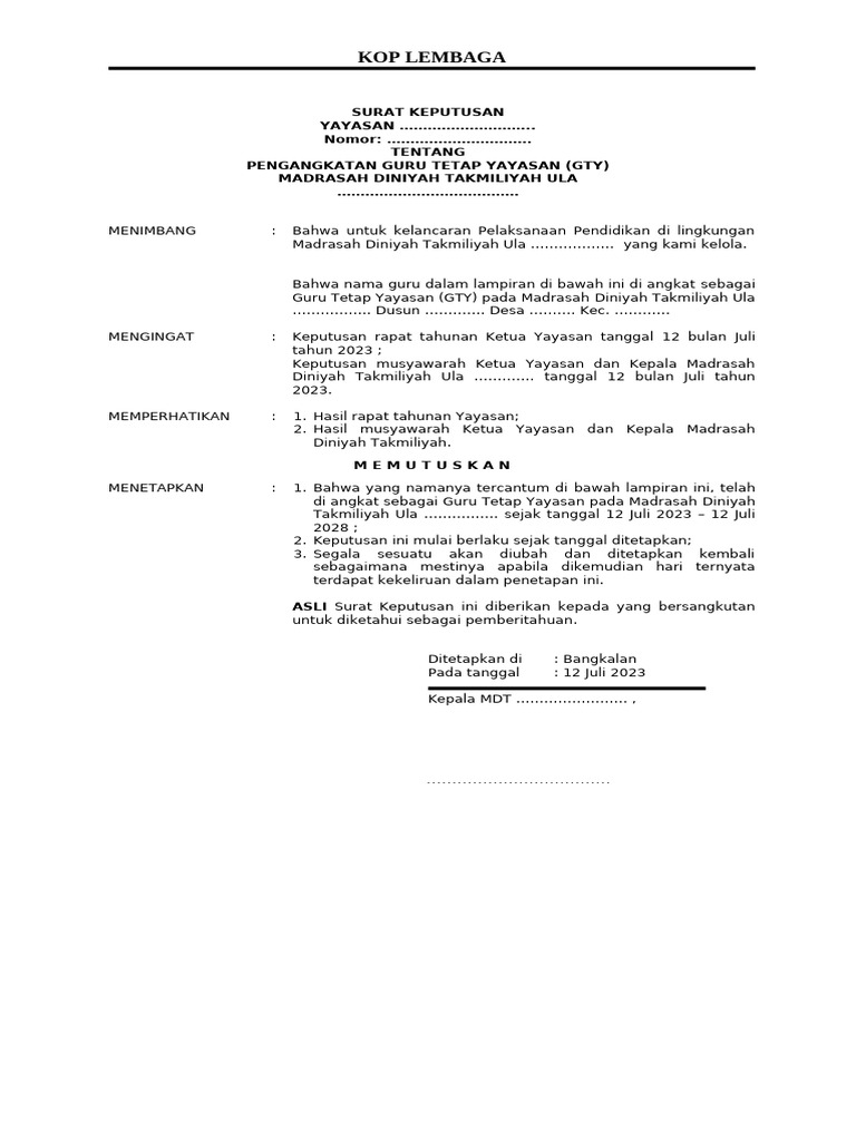 Contoh SK Pengangkatan Guru | PDF