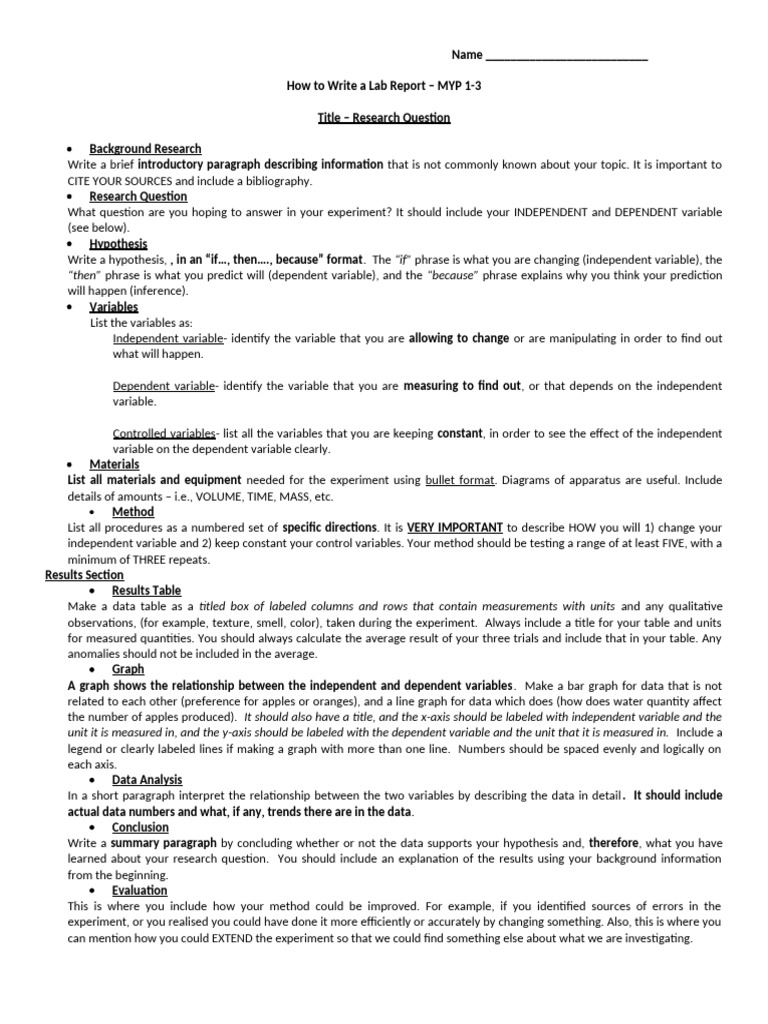 Lab Report Instructions MYP1-3 | PDF | Experiment | Dependent And Independent Variables