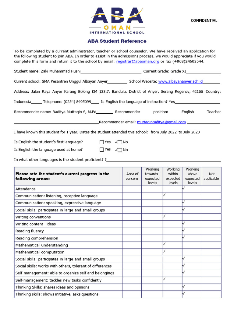 ABA Student Reference for Zaki Husni | PDF | Curriculum | Learning