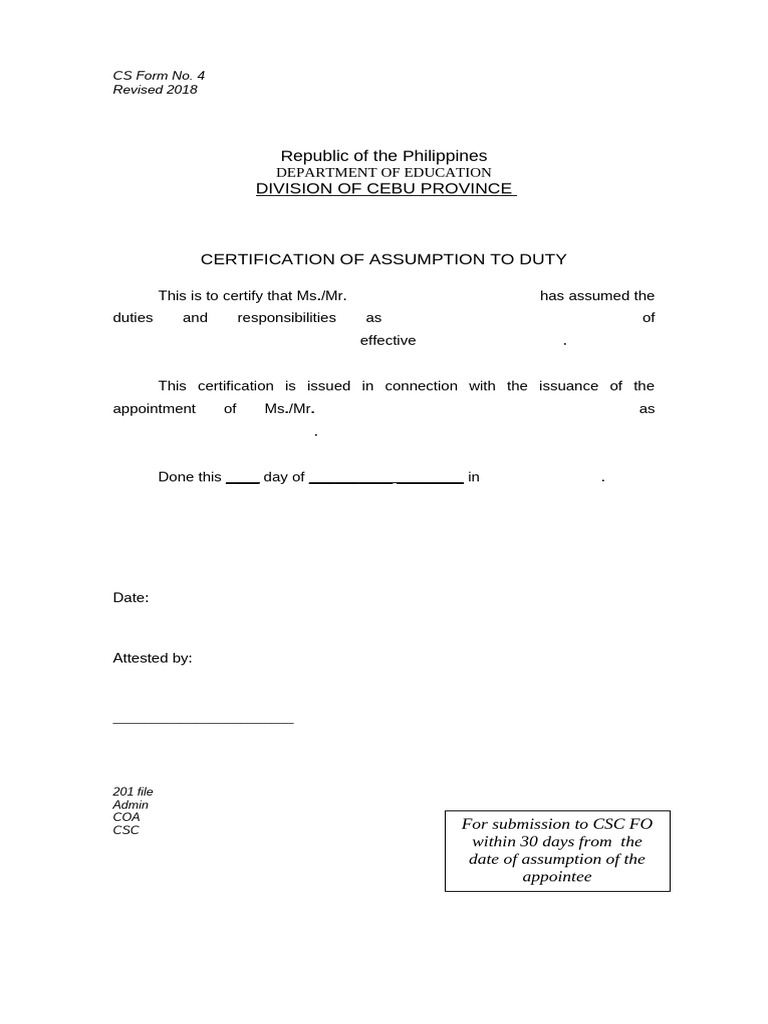 CS Form No. 4 Certification of Assumption to Duty (1) | PDF