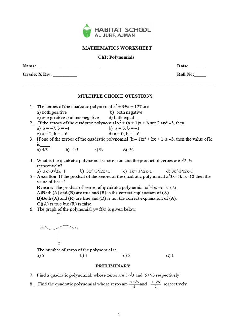 _G10_Maths Ch2_ PolynomialWS 2024-2025 | PDF | Polynomial | Zero Of A Function