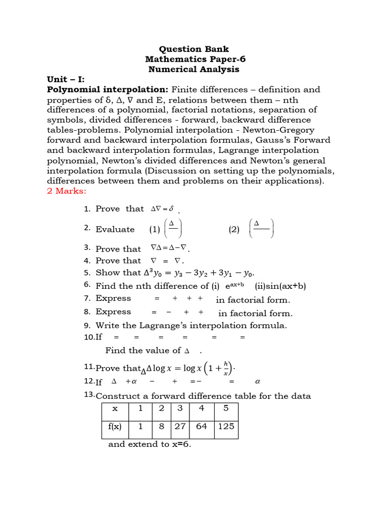 QuestionBank - NumericalAnalysis | PDF | Finite Difference | Mathematical Concepts