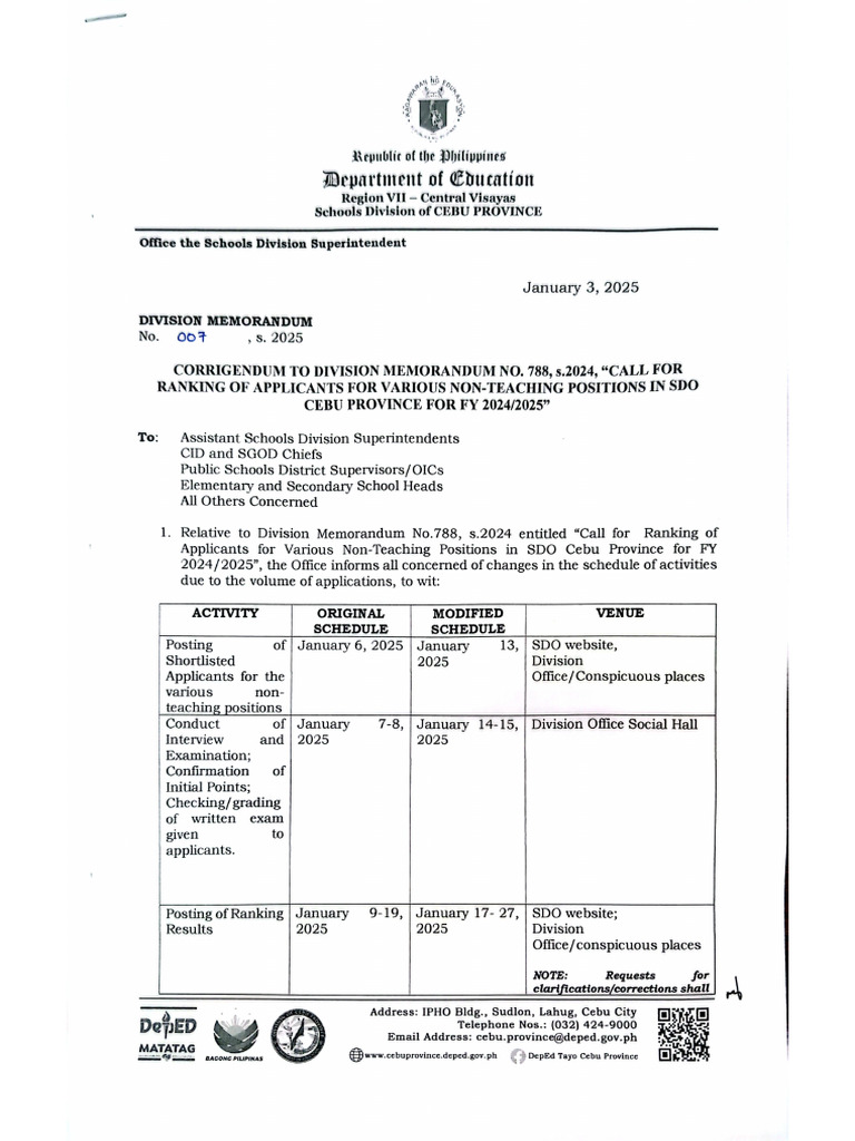 DM - s2024 - 007 Corrigendum To Division Memorandum No. 788 s.2024 Call For Ranking of ...