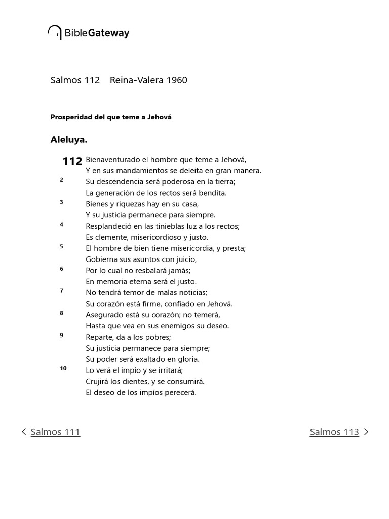 Salmos 112 Prosperidad Del Que Teme A Jehová | PDF