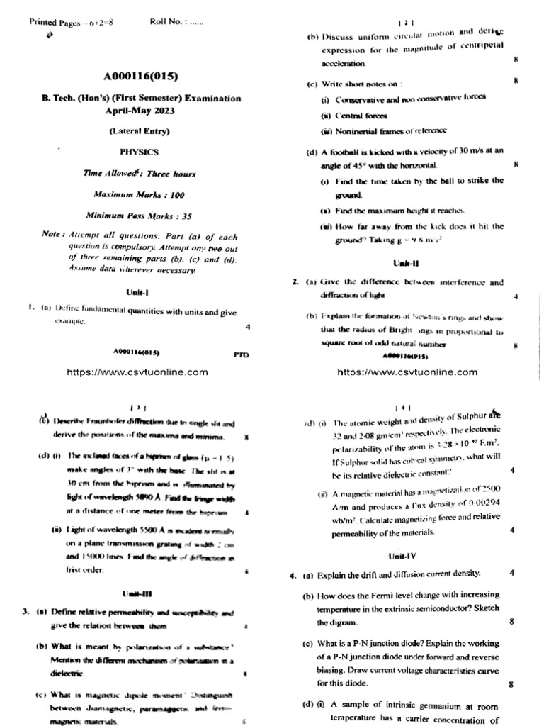 Btech 1 Sem Physics A000116 May 2023 | PDF