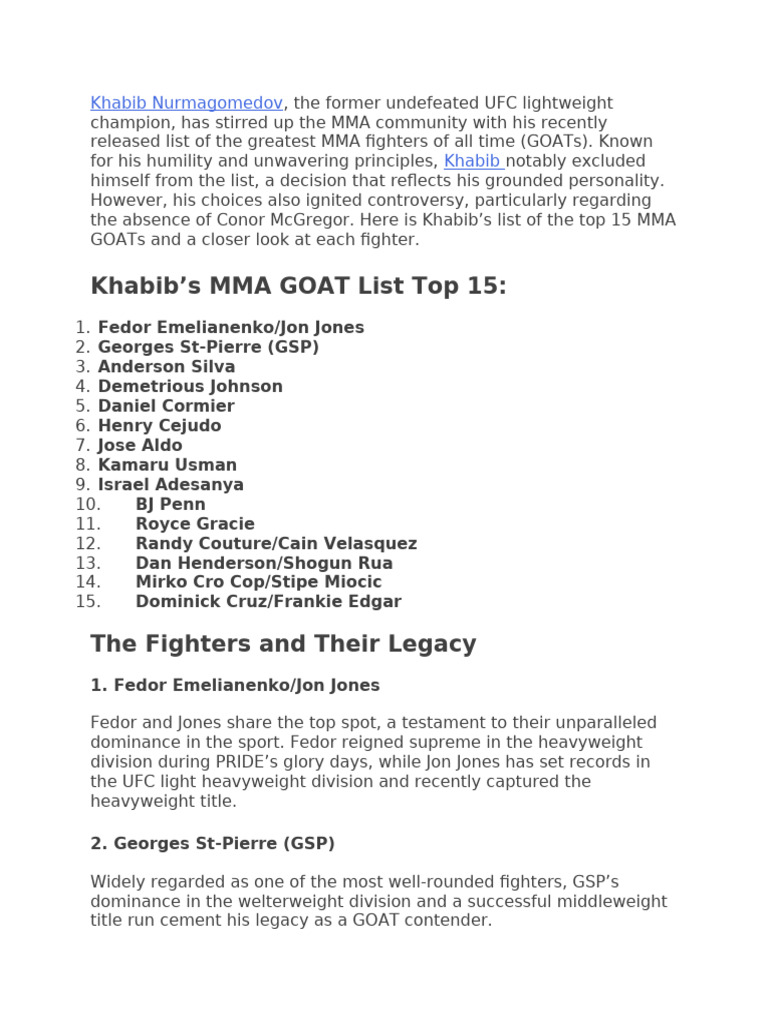 Khabib's Top 15 MMA GOATs List | PDF | Mixed Martial Arts | Ultimate ...