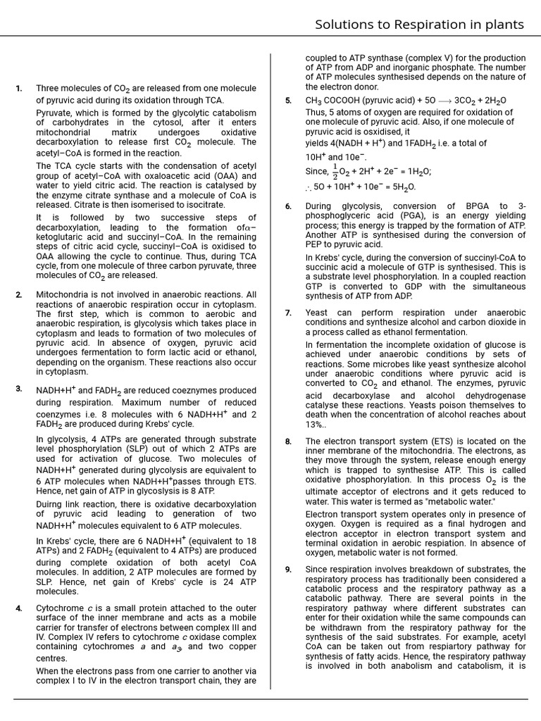 Respiration in Plants-Solution | PDF | Cellular Respiration | Diet ...