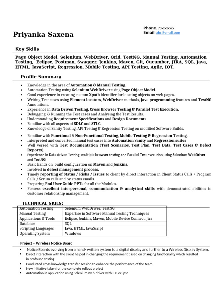 Fresher Resume | PDF | Selenium (Software) | Software Testing